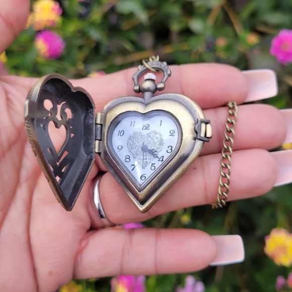 Jewelry | Antique Brass Heart Locket Watch Necklace Pocket Watch Locket ...